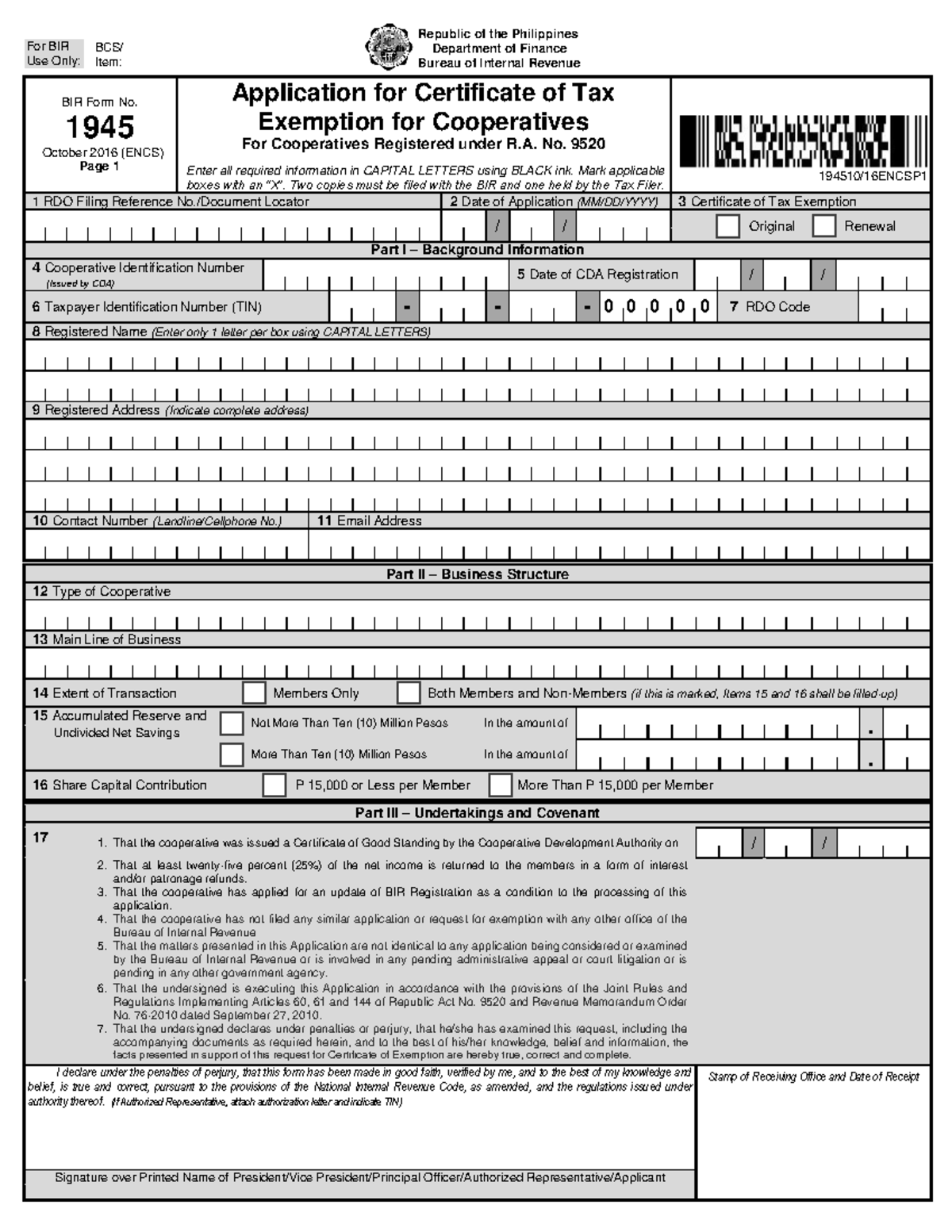 BIR Form 1945 - taxation - BIR Form No**.** 1945 October 2016 (ENCS ...