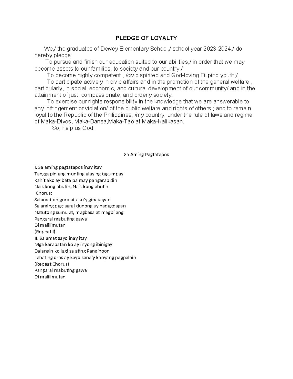 Pledge of Loyalty and Gratitude: Dewey Elementary Graduation 2023-24 ...