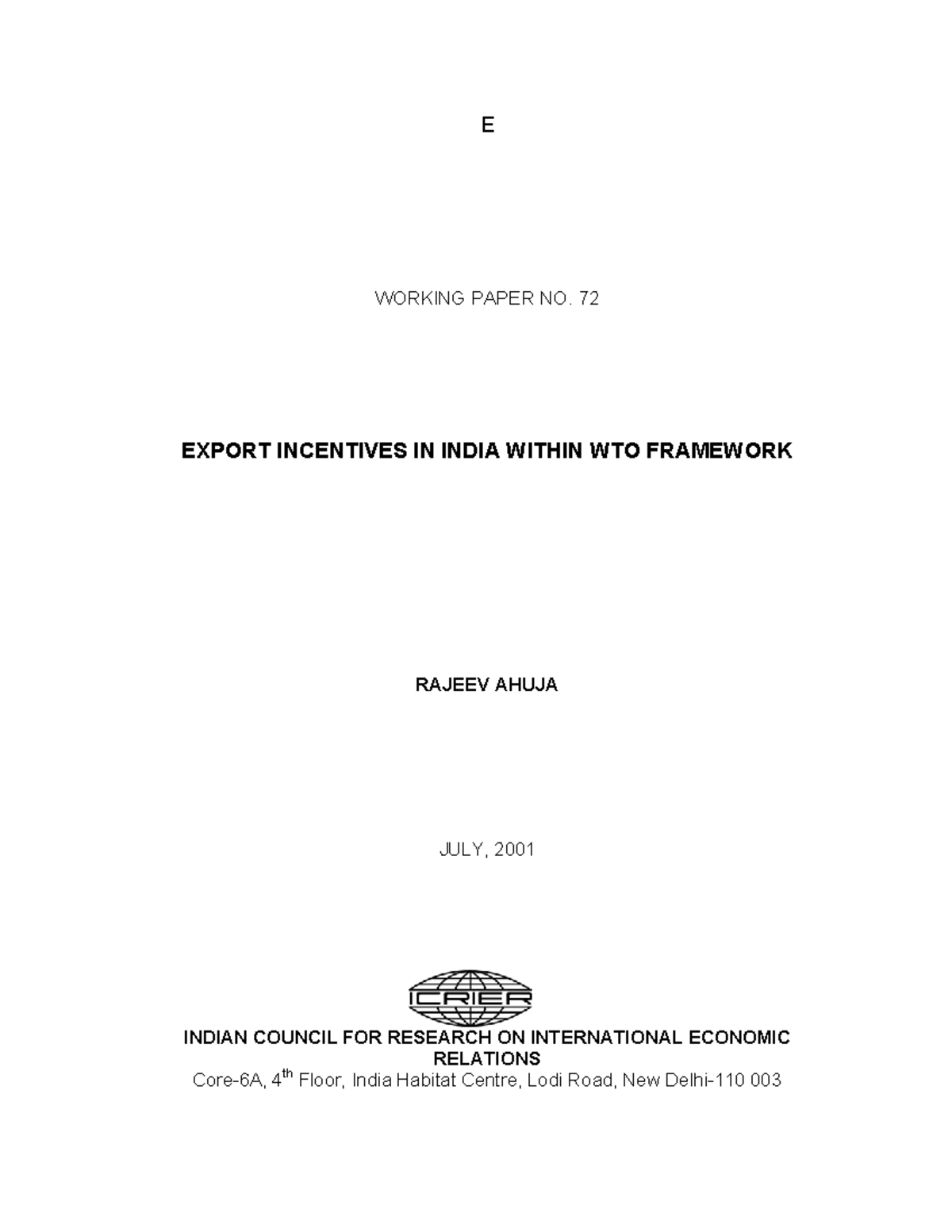 WTO SCM Export Incentives Analysis - Working Paper No. 72 - Studocu