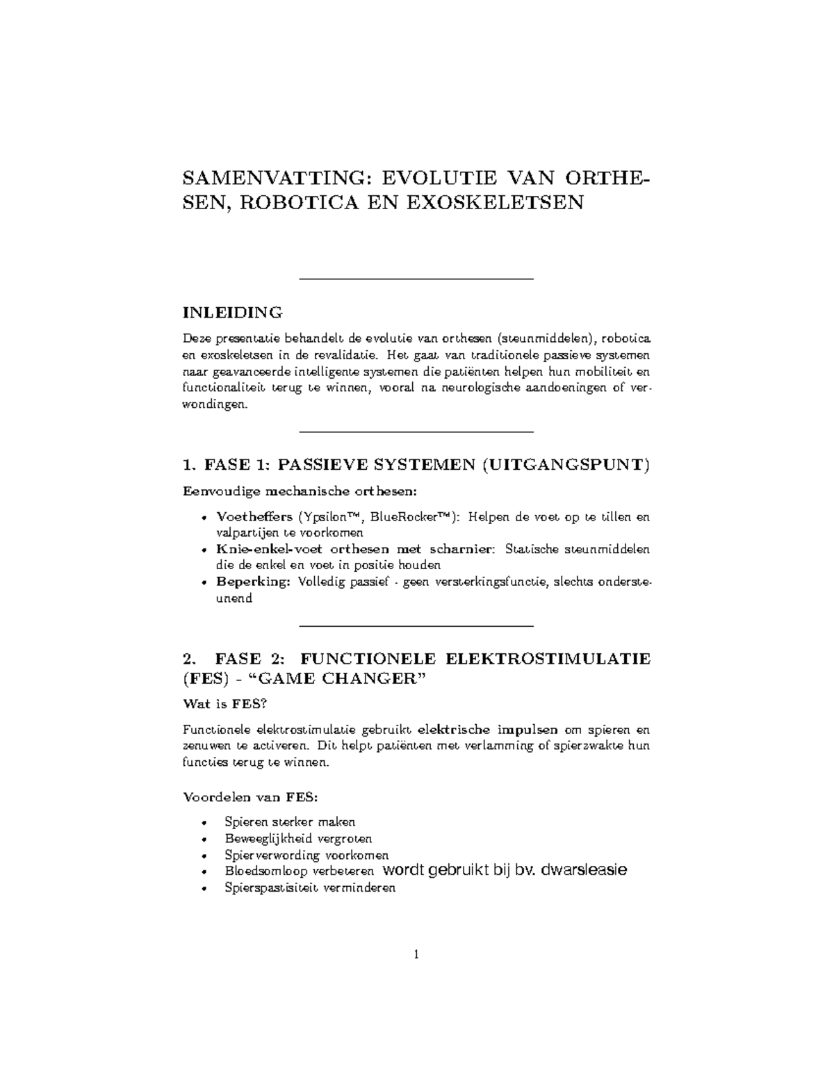 Orthesen-FES-samenvatting - Revalidatie en sport bij personen met een ...