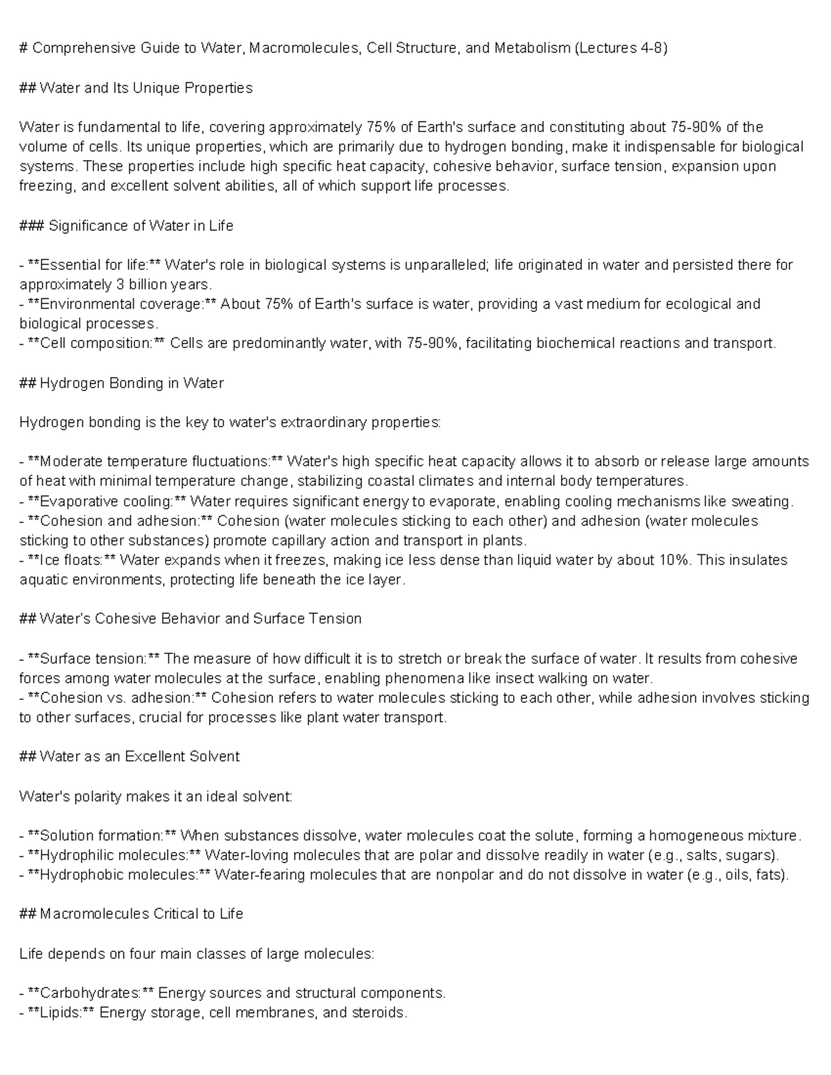 Comprehensive Overview of Water, Macromolecules, & Metabolism (Lecture ...