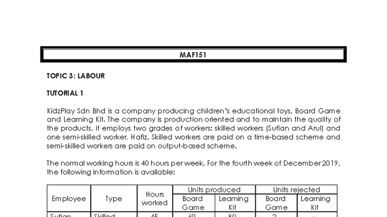 MAF151 Topic 3: Labour Tutorial 1 - Wage Calculations for Workers - Studocu