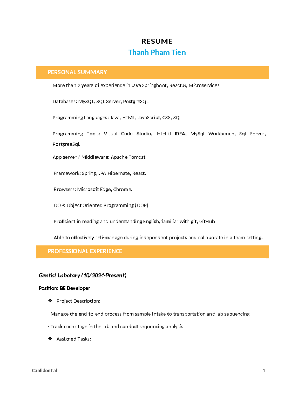 Java Developer Resume - Thanh Pham Tien (2+ Years Experience) - Studocu