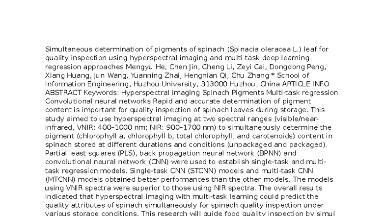 Simultaneous Pigment Analysis of Spinach Using Hyperspectral Imaging ...