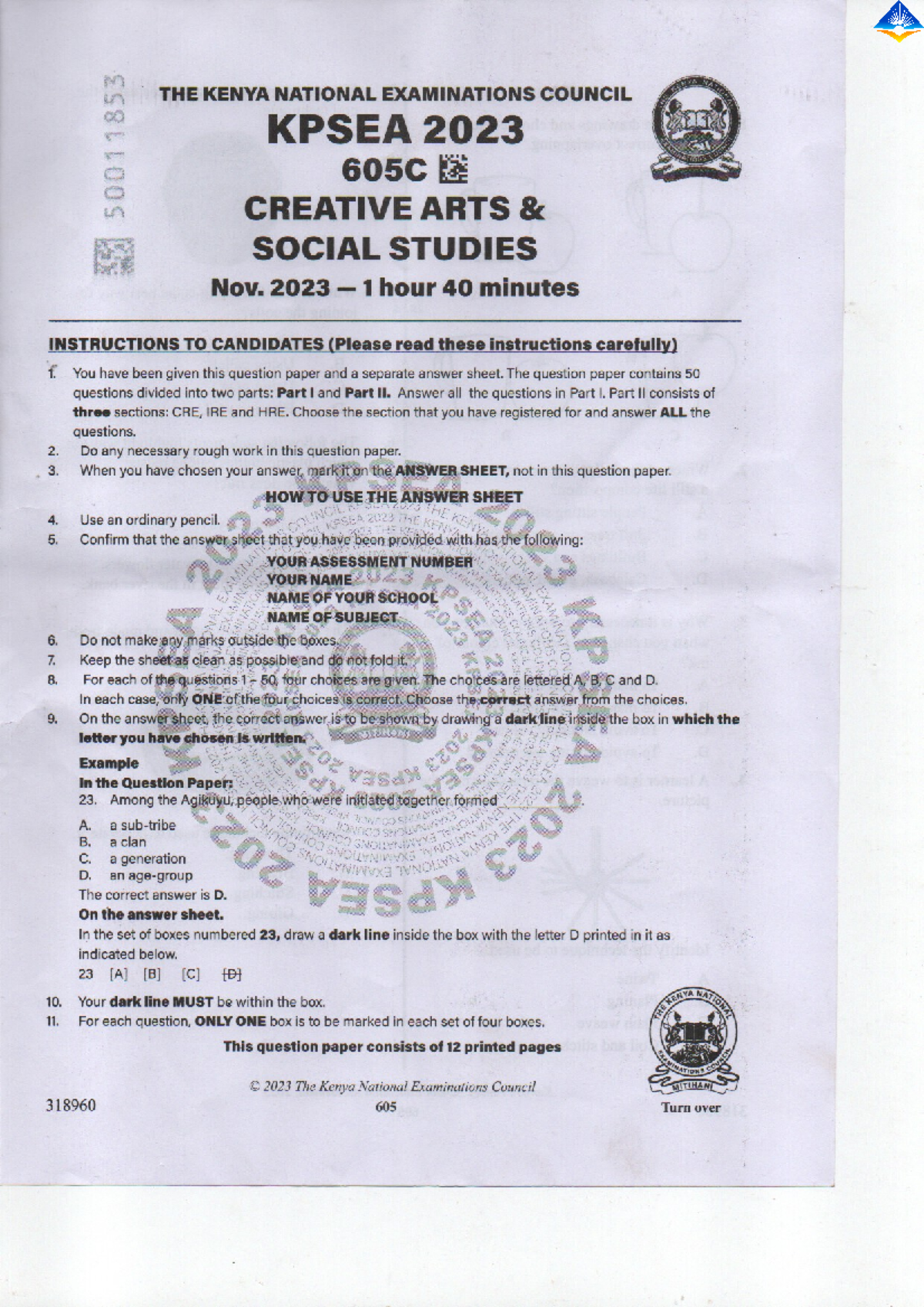 KPSEA 2023 - Creative Arts & Social Studies Question Paper - Studocu