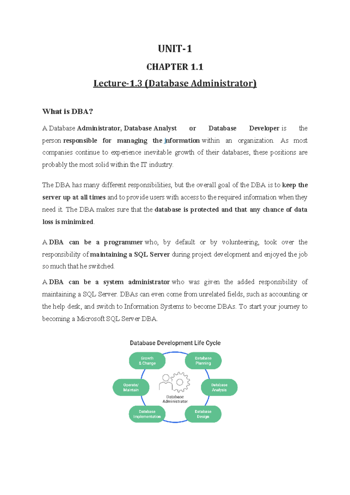 Lecture Notes on Database Administration: Chapter 1.1 (DBA) - Studocu
