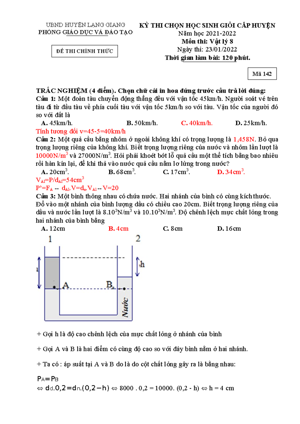 Đề thi HSG Vật lý 8 Lạng Giang Năm học 2021-2022 - Studocu