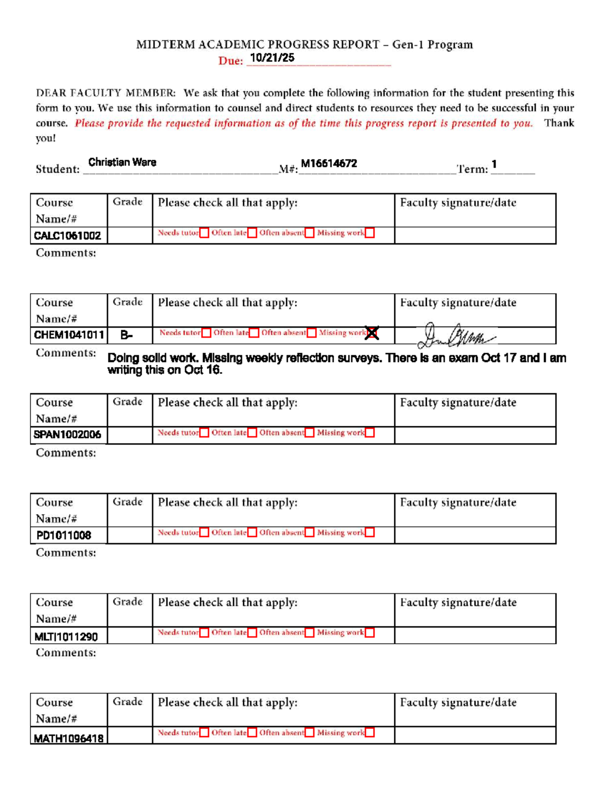 MIDTERM ACADEMIC PROGRESS REPORT - CHEM1041011 - Studocu