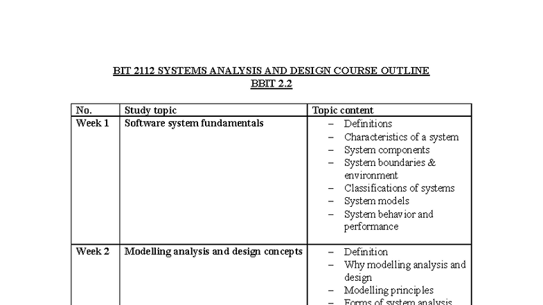 BIT 2112 Systems Analysis & Design Course Outline Overview - Studocu