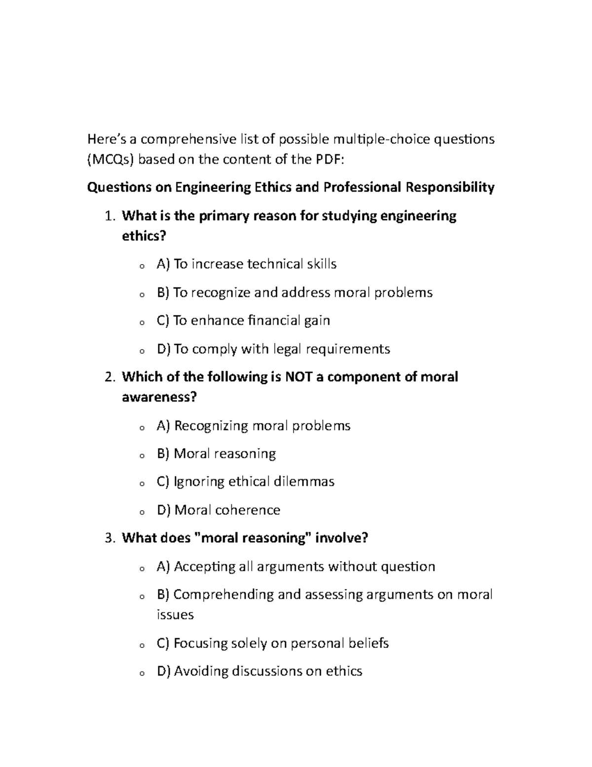 Mcq ethics 1 - Here’s a comprehensive list of possible multiple-choice ...