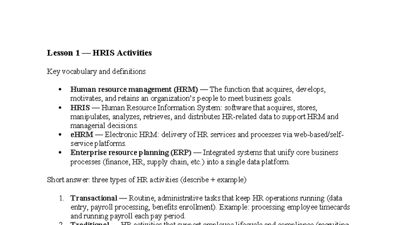 HR Technology - D356 Lesson 1-5 Study Guide and Key Concepts - Studocu