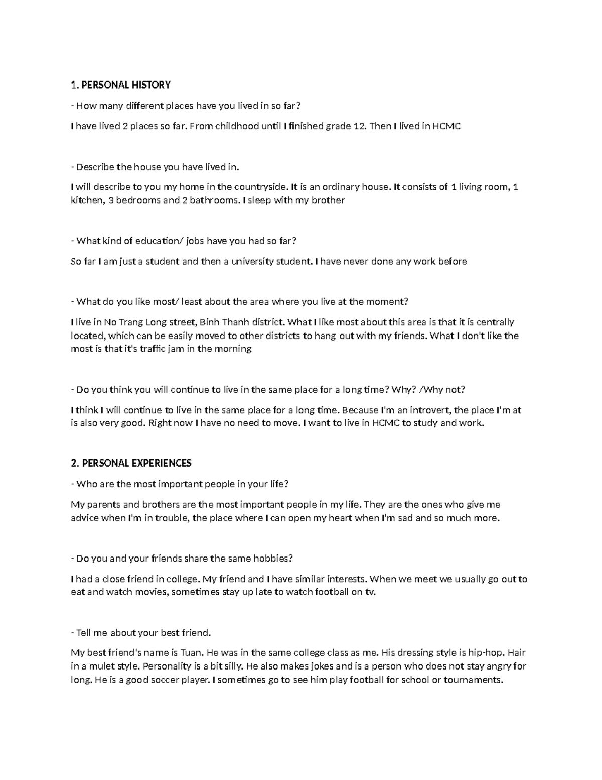 TA - Personal History and Experiences: Insights into My Life - Studocu