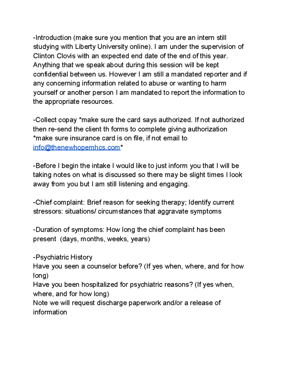 Internship intake note guide for Liberty University students - Studocu