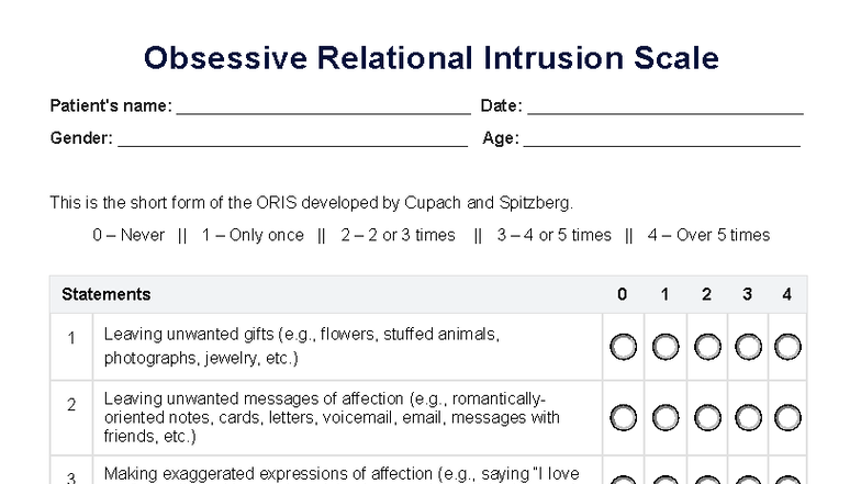 Obsessive Relational Intrusion Scale (ORIS) Assessment Tool - Studocu