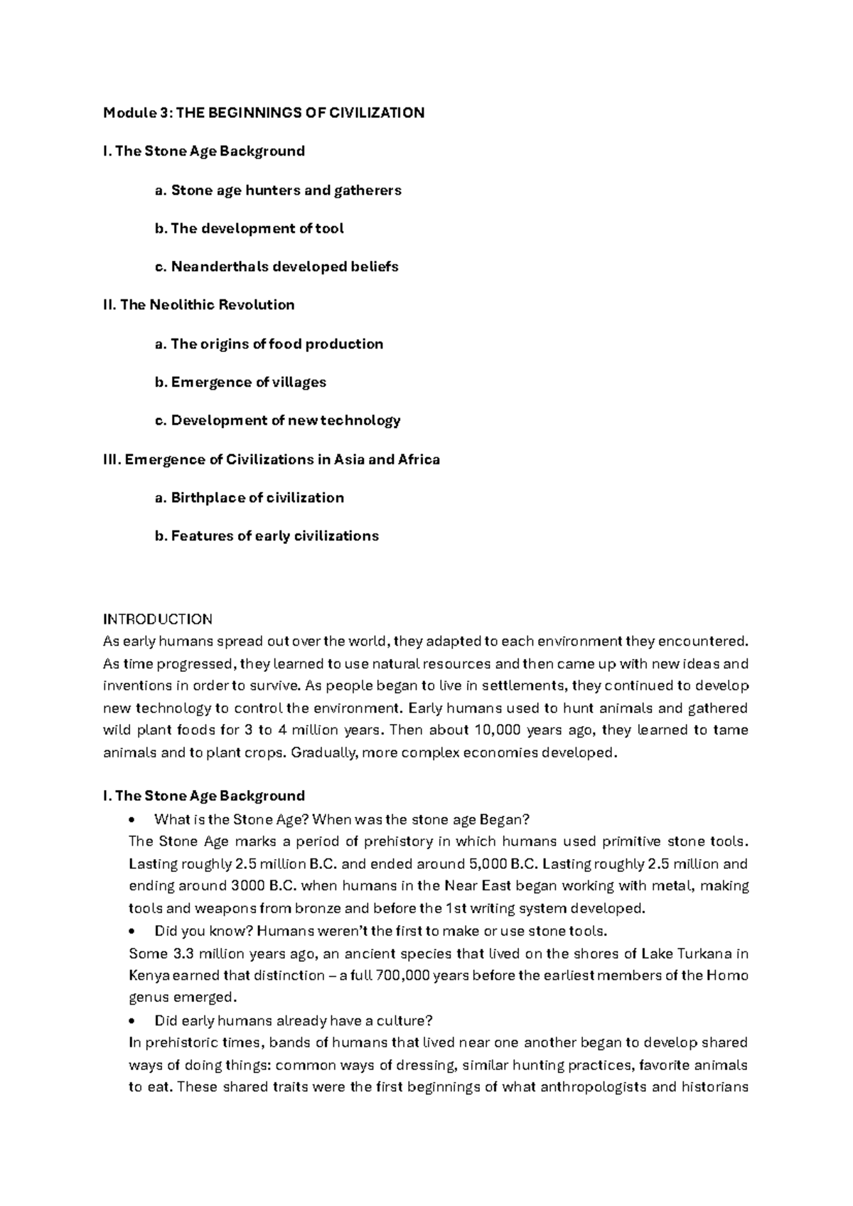 Module 3: The Beginnings of Civilization - Stone Age to Neolithic ...