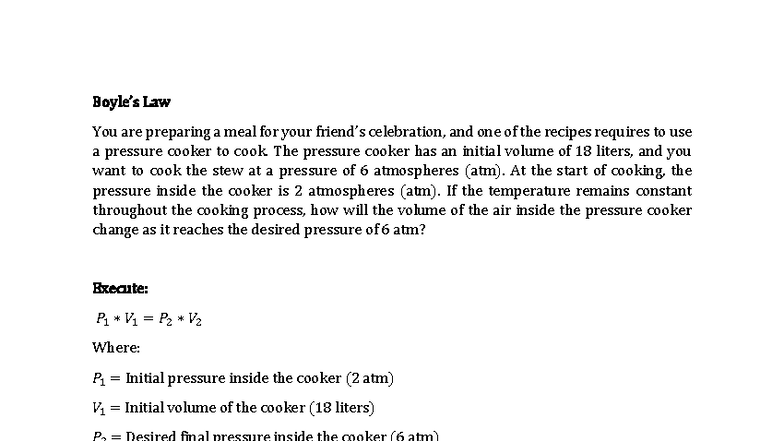Boyle's Law Calculation: Pressure Cooker Volume Change - Studocu