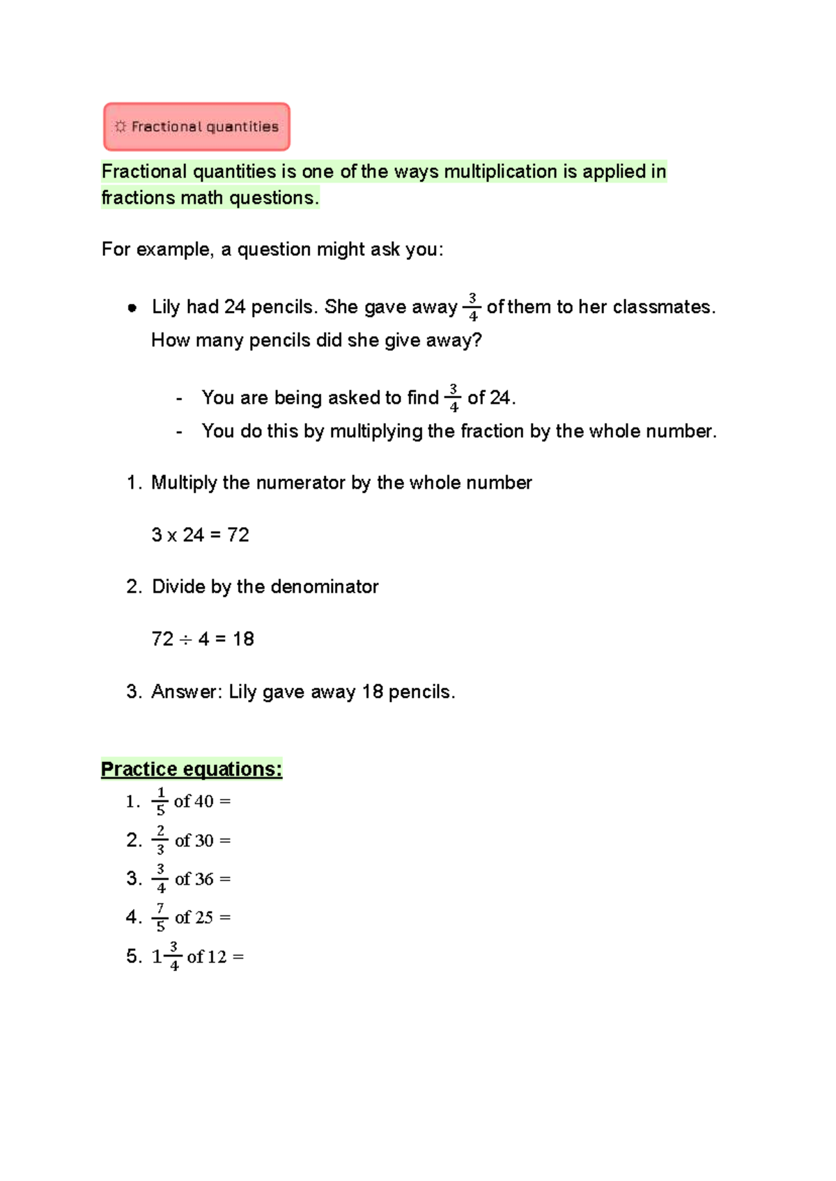 Fractions Revision: Understanding Fractional Quantities and ...