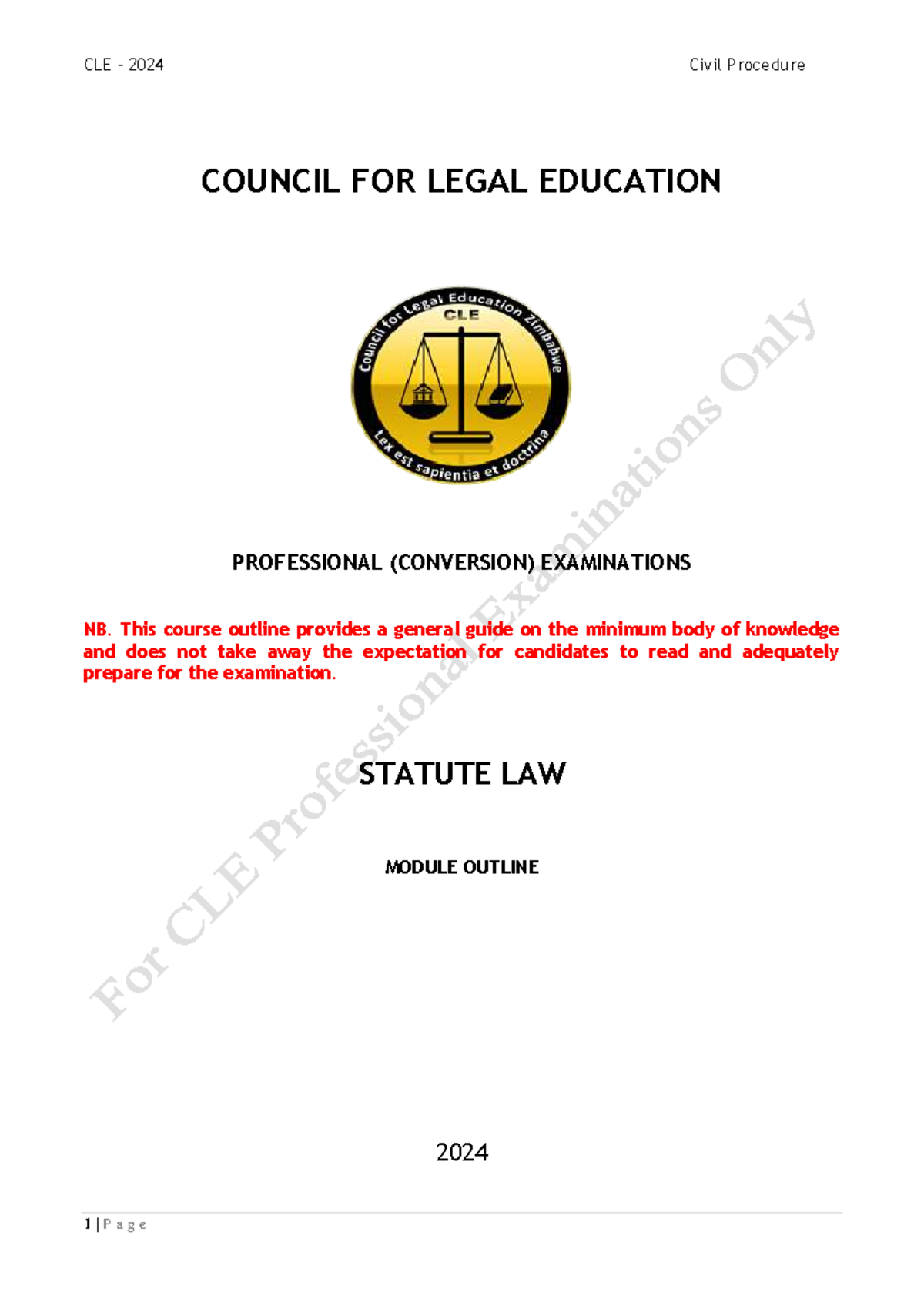 CLE 2024 Statute Law Module Outline for Civil Procedure Exam - Studocu