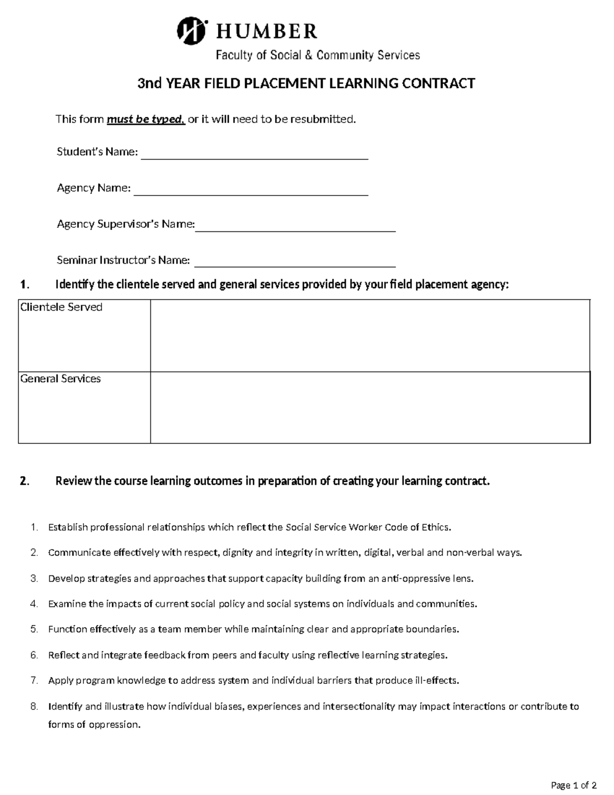 3rd YEAR FIELD PLACEMENT LEARNING CONTRACT - Studocu