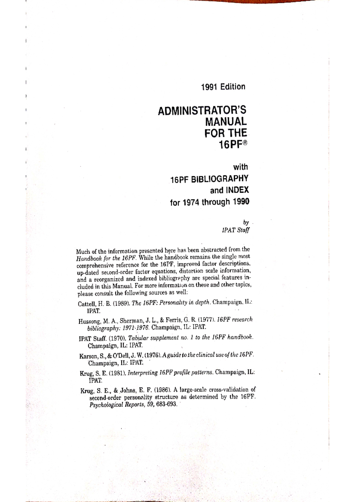 16 PF manual - ,., - 1991 Edition MANUAL FOR THE 16 PF R with 16PF ...