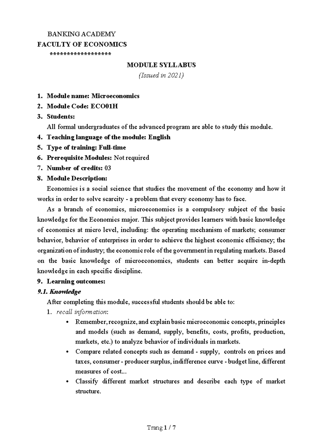 ECO01H Microeconomics Module Syllabus (2021 Edition) - Studocu