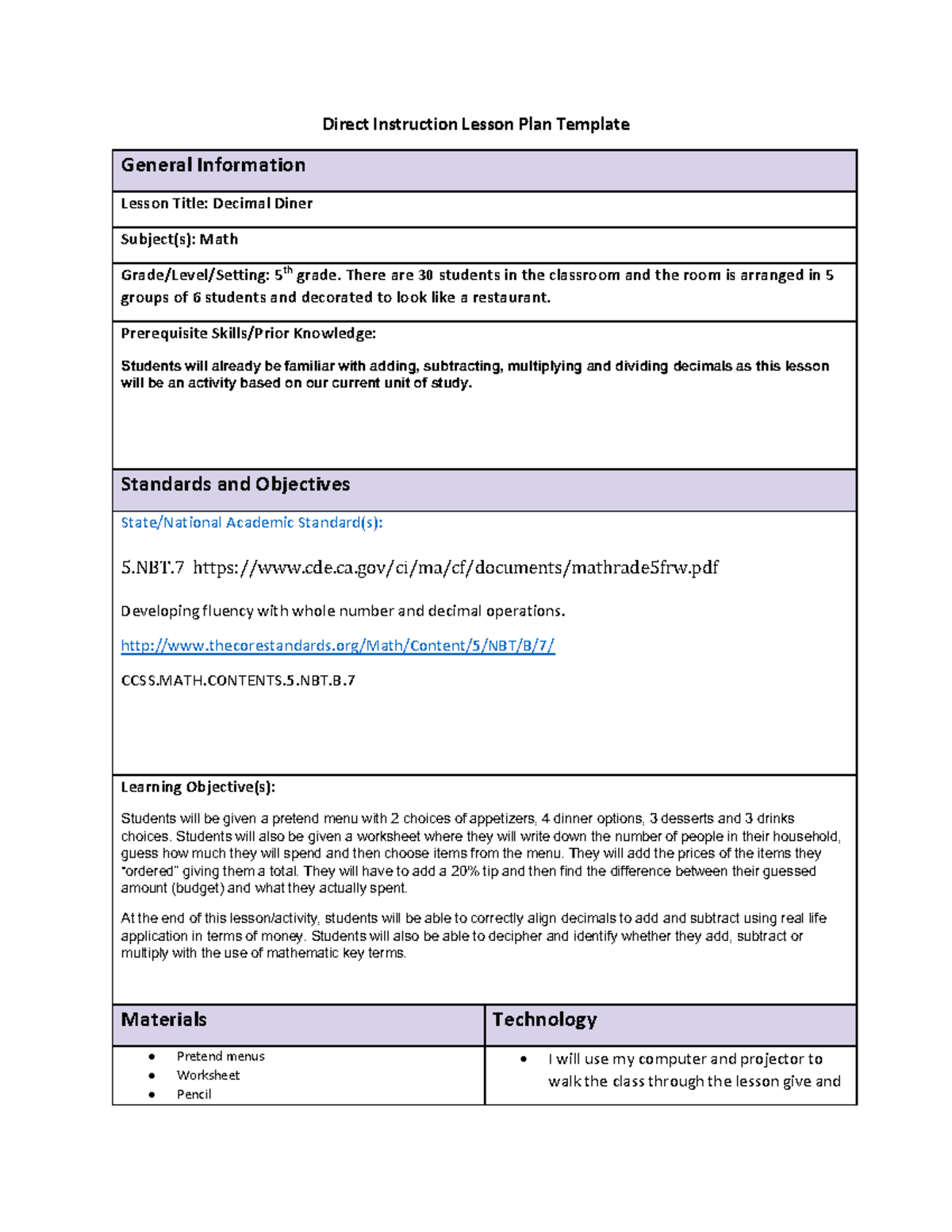 5th Grade Math Lesson Plan: Decimal Diner Activity - Studocu