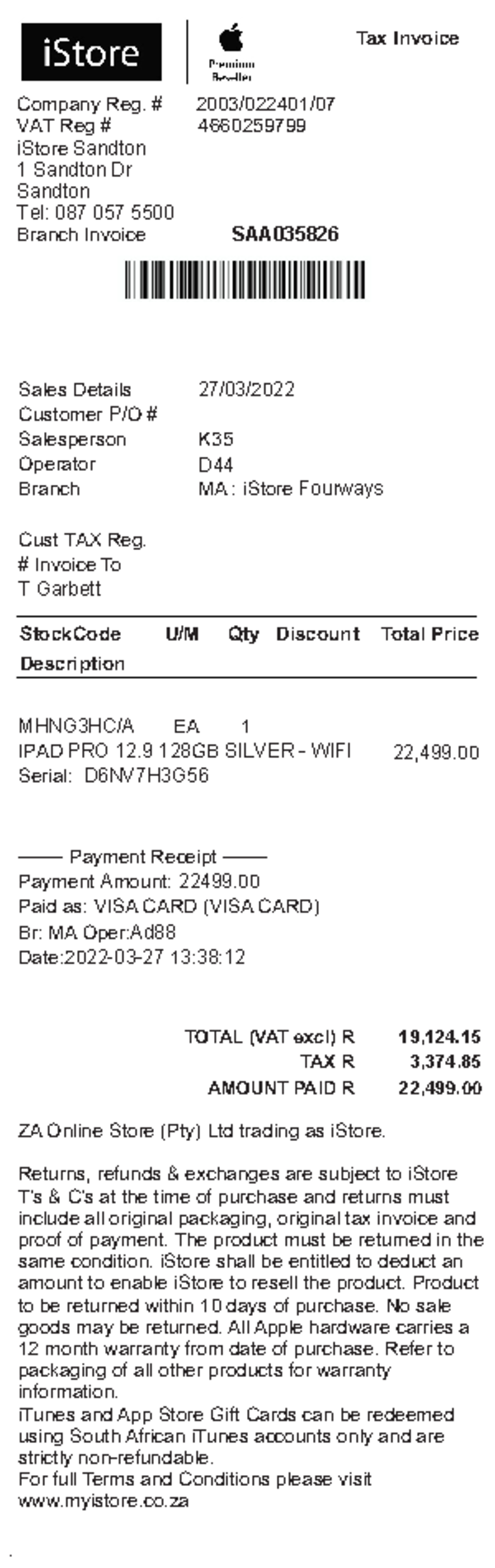 Tax Invoice for iStore Purchase - 660798355 - Core Computer SA - Studocu