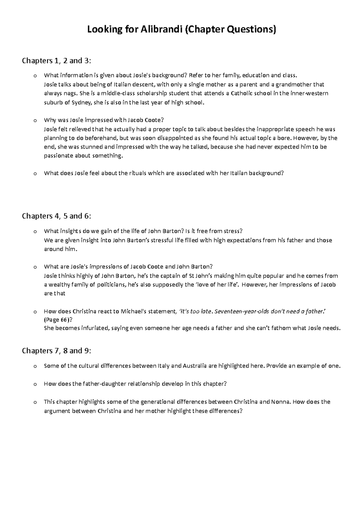 Looking for Alibrandi: Chapter Questions & Insights - Studocu