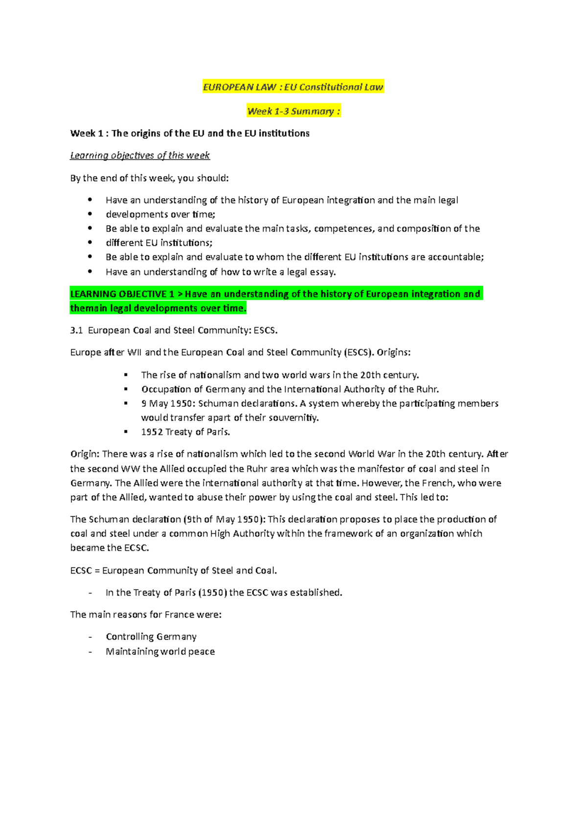 EU Constitutional Law Summary: Weeks 1-3 Overview of EU Institutions ...