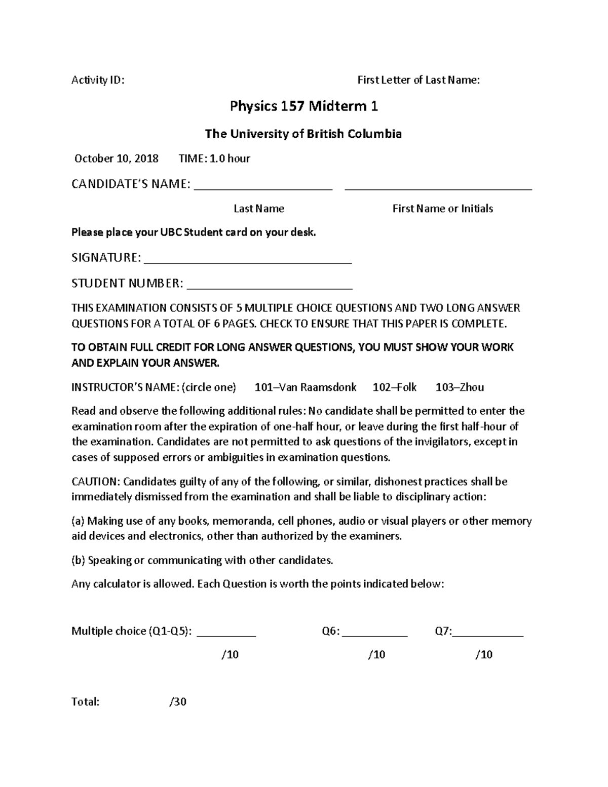 Physics 157 Midterm 1 Exam Practice - UBC October 2018 - Studocu