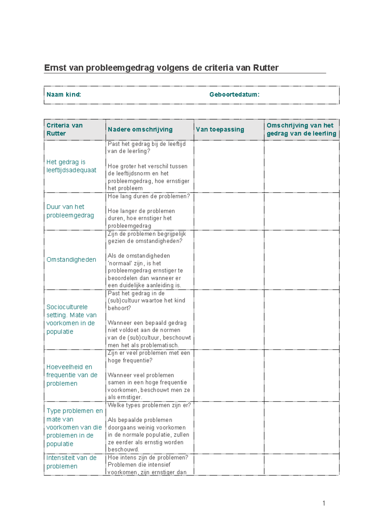 Ernst van Probleemgedrag bij Kinderen volgens Ruttercriteria - Studeersnel