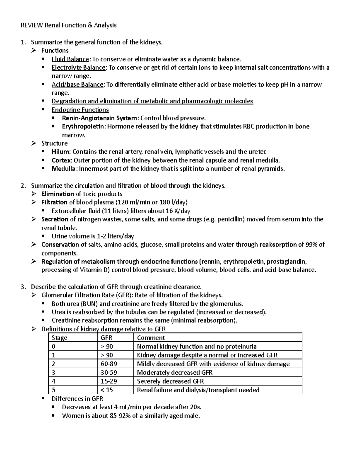 Renal Function notes - Summarize the general function of the kidneys ...