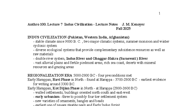 Anthro 100: Lecture 7 - Indus Civilization Notes (Fall 2025) - Studocu