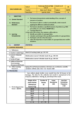 DLL COT 2 decile ungrouped data - Daily Lesson Log School CRISTO REY HIGH SCHOOL Grade level 10 ...