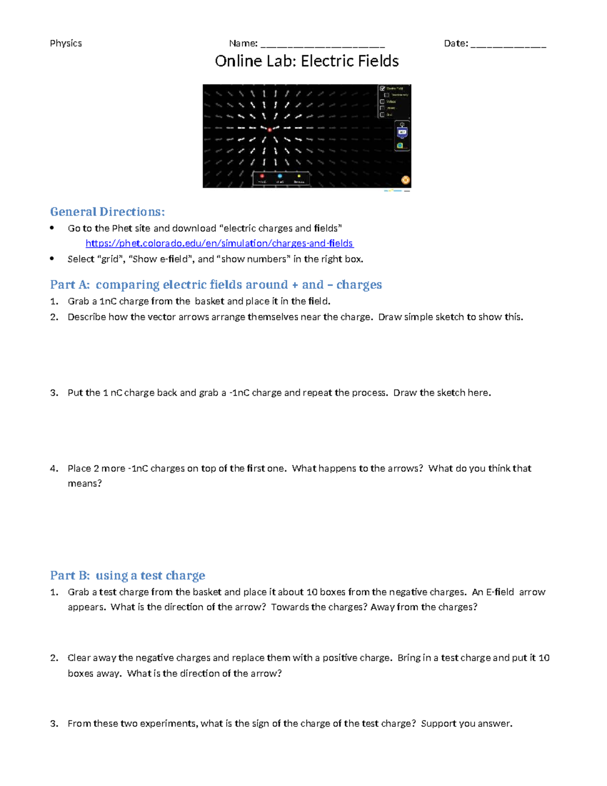 Phet Lab: Exploring Electric Fields - PHYS 2024 Online Experiment - Studocu