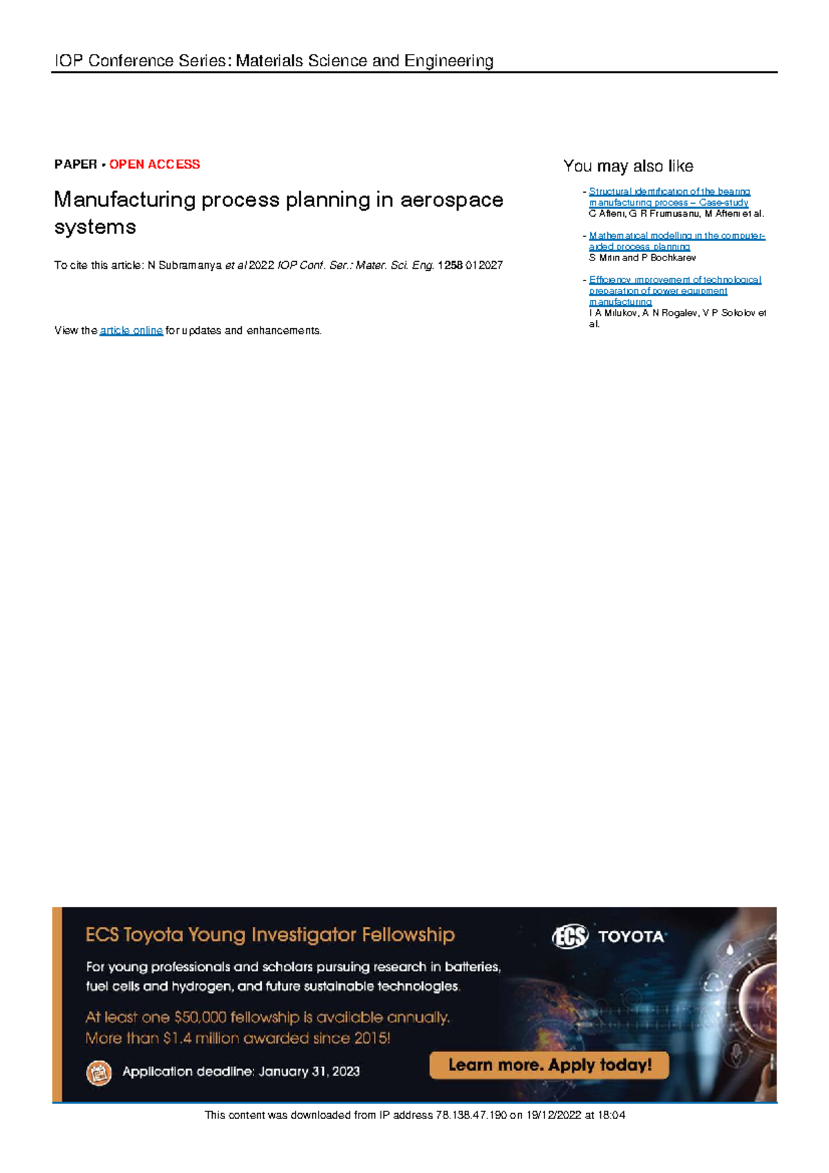 Manufacturing Process Planning in Aerospace Systems (IOP 1258) - Studocu