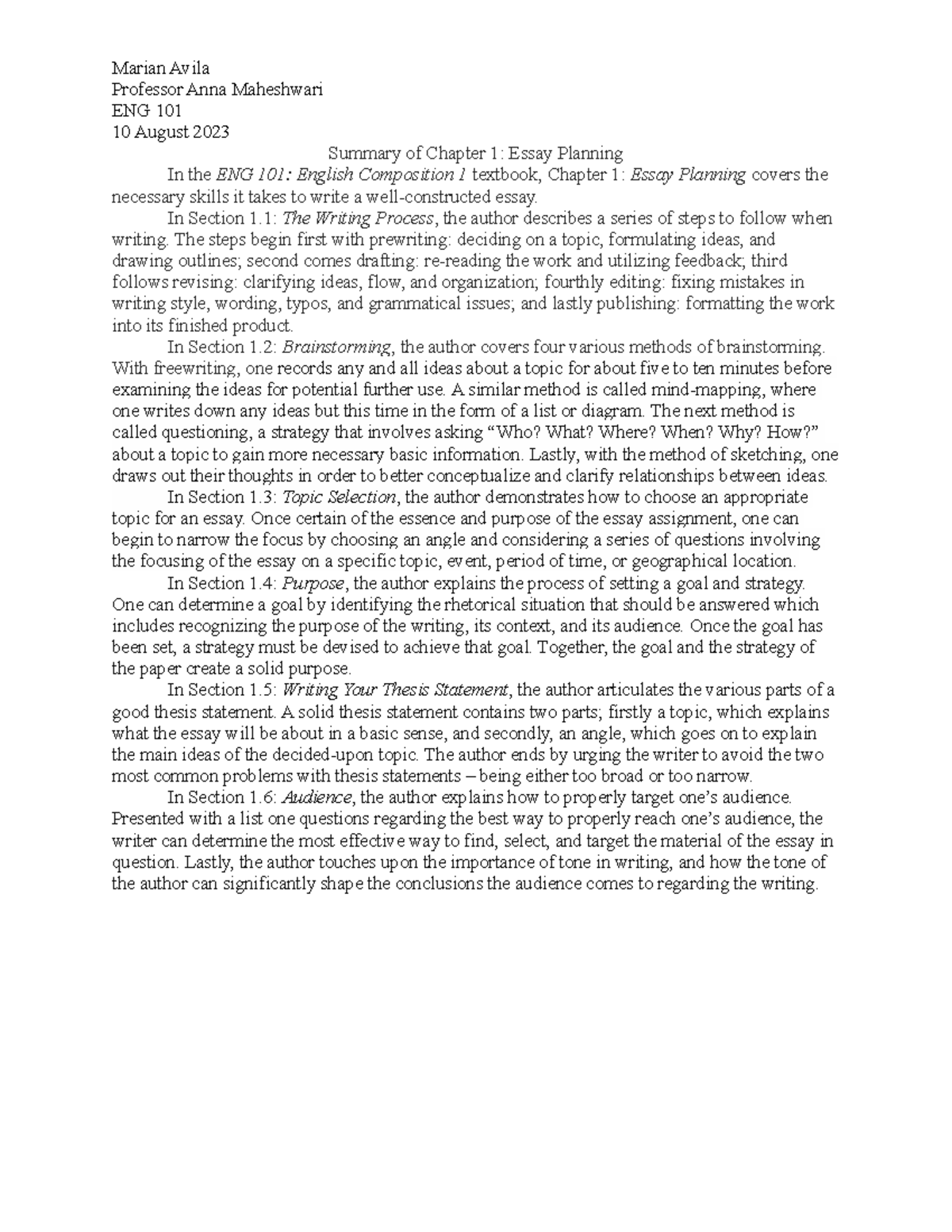 ENG 101: Chapter 1 Essay Planning Summary and Key Concepts - Studocu