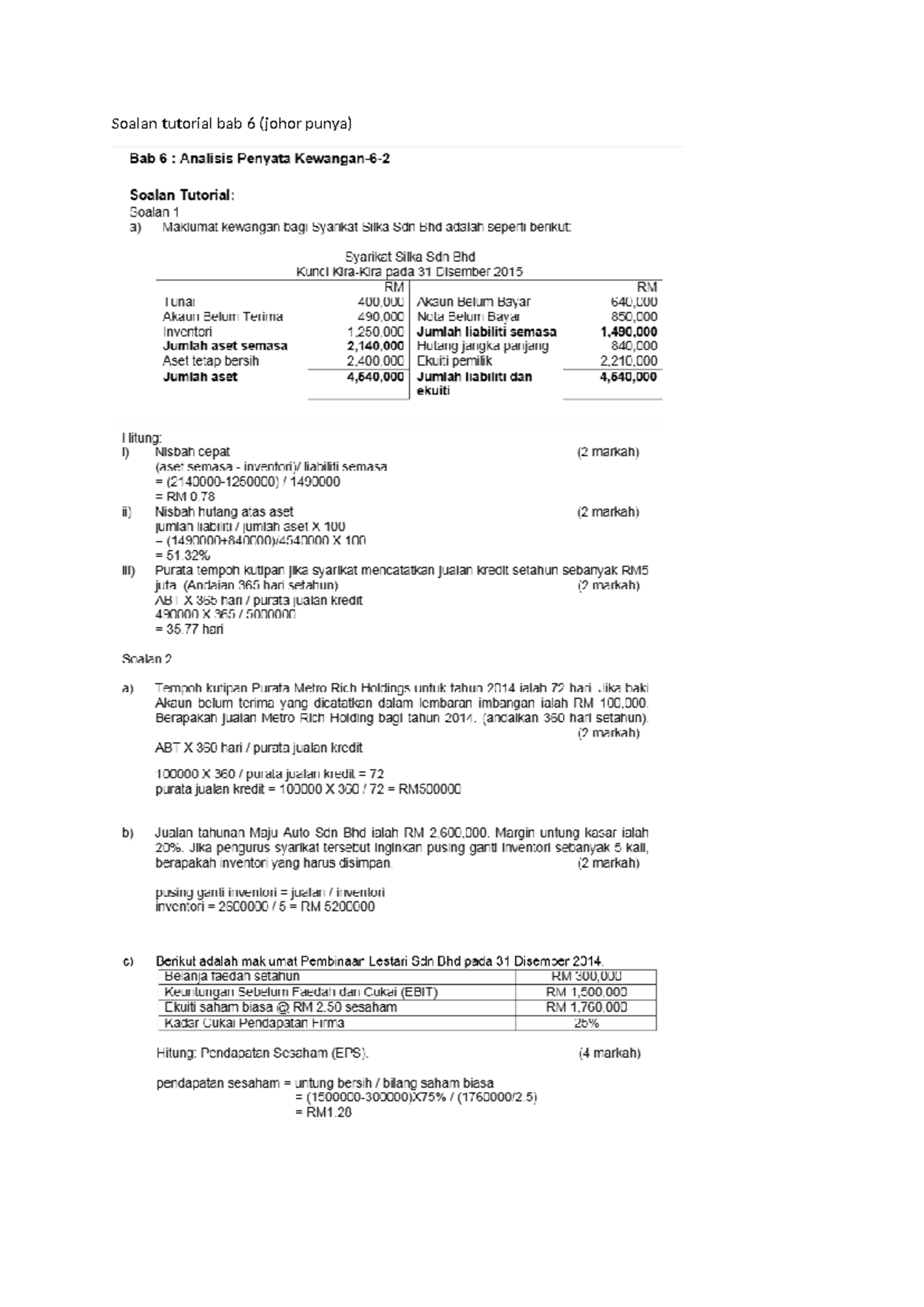 Soalan Tutorial AP015 Sem 1: Analisis Kewangan Bab 6 - Studocu