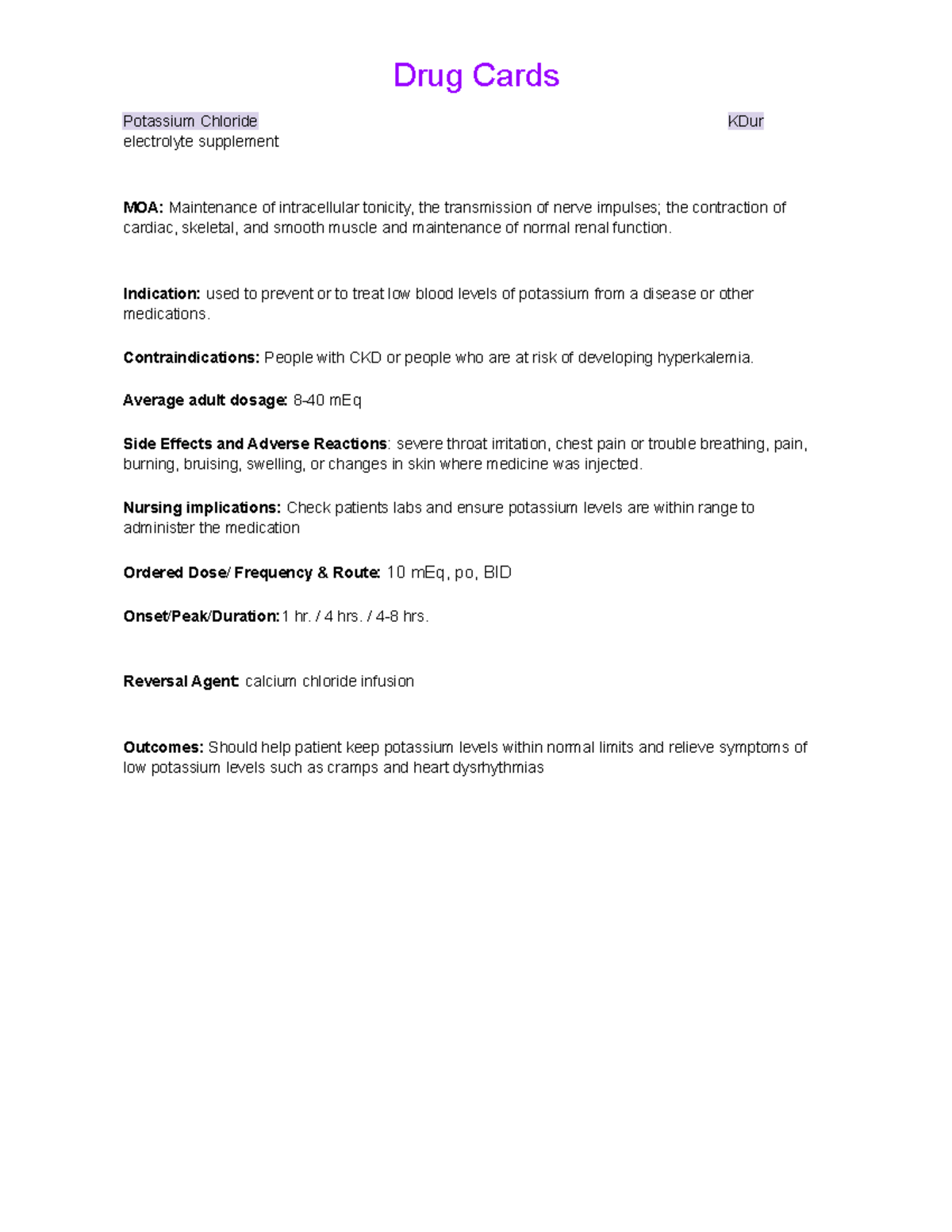 Drug Cards: Key Information on Common Medications and Their Uses - Studocu