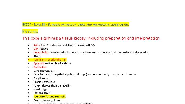 88304 Surgical Pathology: Key Points on Skin Specimen Coding Tips - Studocu