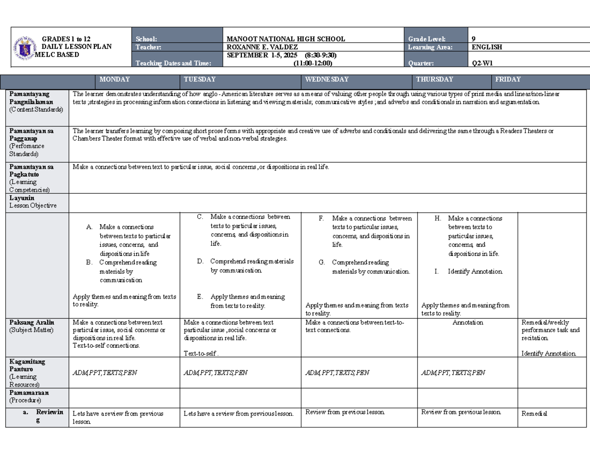 Grade 9 English Daily Lesson Plan (DLP) - Sept 1-5, 2025 - Studocu