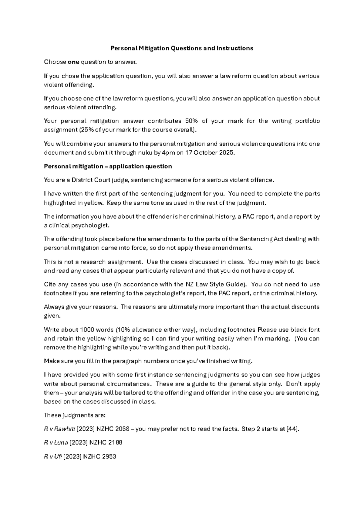 Personal Mitigation Questions & Instructions for Writing Portfolio (LAW ...