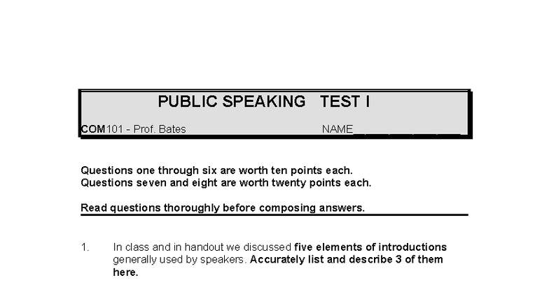 Public Speaking Test I COM101 - Key Questions & Answers - Studocu