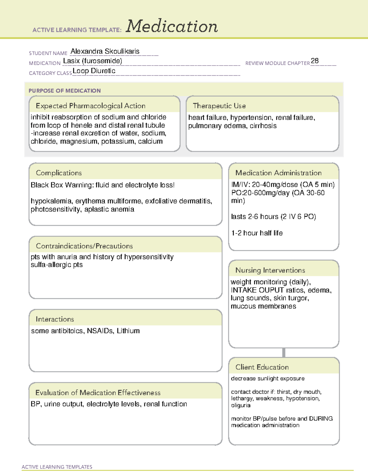 Furosemide (Lasix) Med Worksheet for Week 6 - Active Learning Template ...