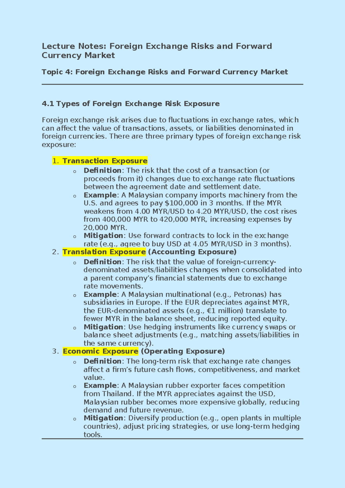 Lecture Notes: CHAP 4 - Foreign Exchange Risks & Forward Market - Studocu