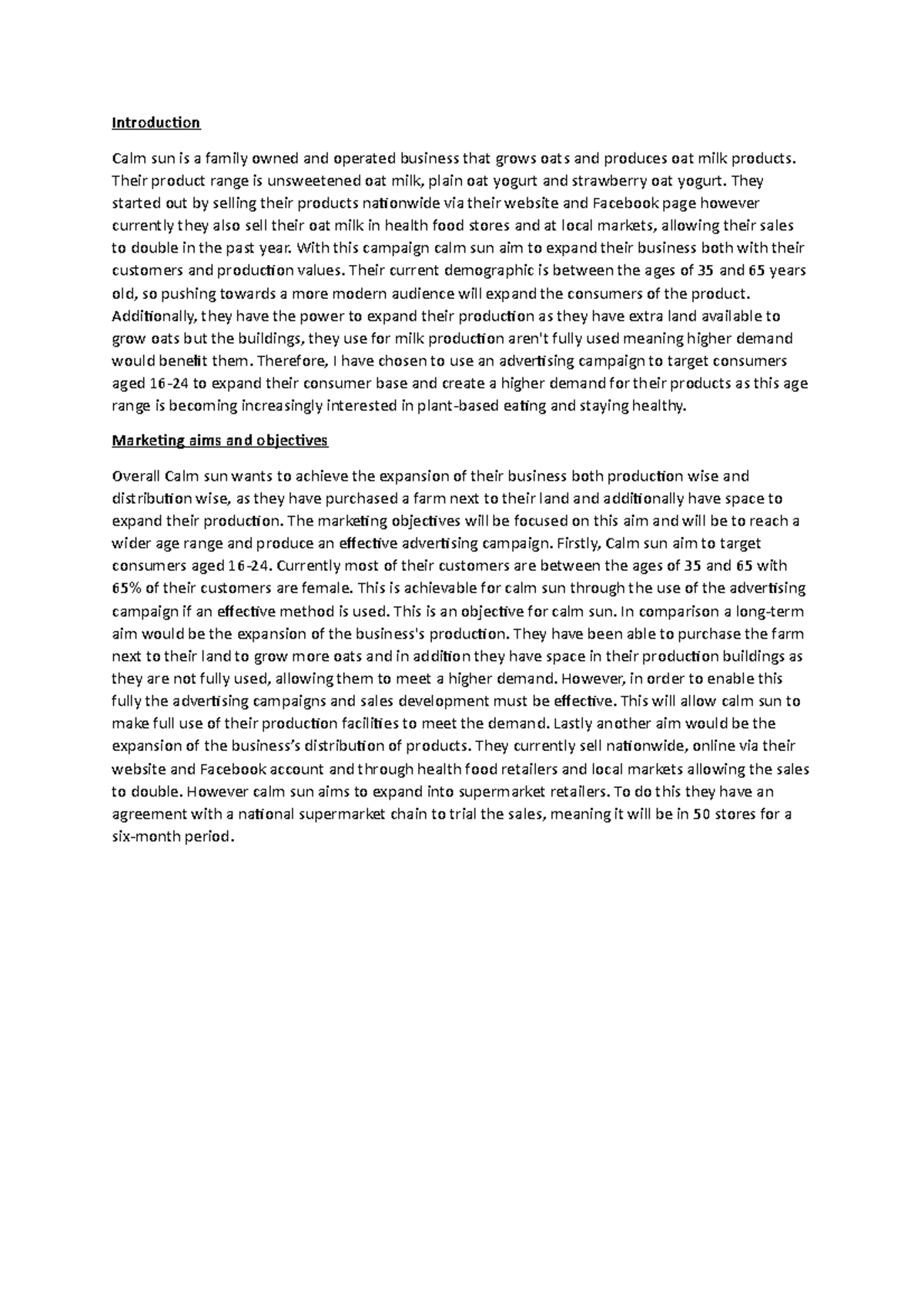 Marketing Strategies for Calm Sun Oat Products Expansion Plan - Studocu
