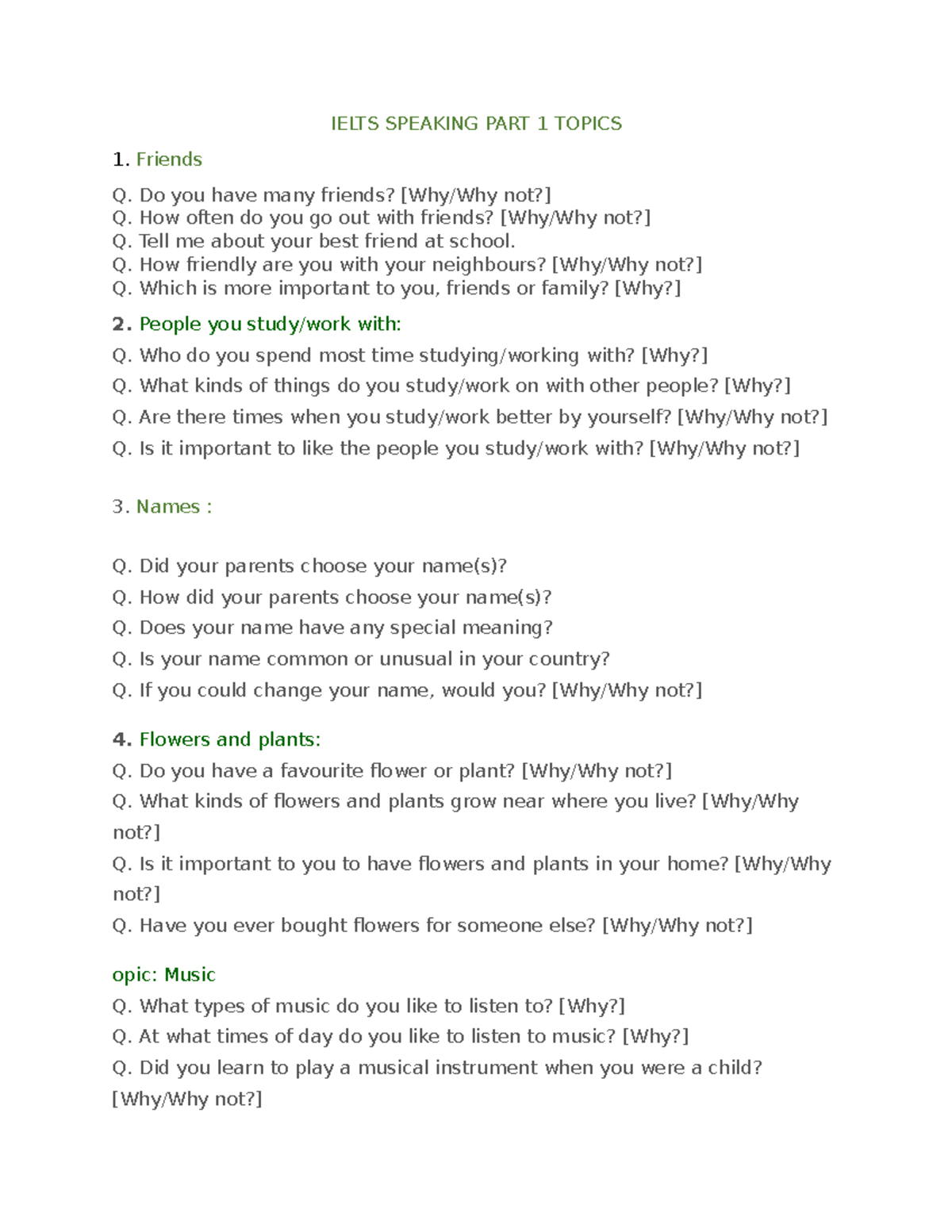 Ielts Speaking PART 1 Topics - IELTS SPEAKING PART 1 TOPICS Friends Q ...