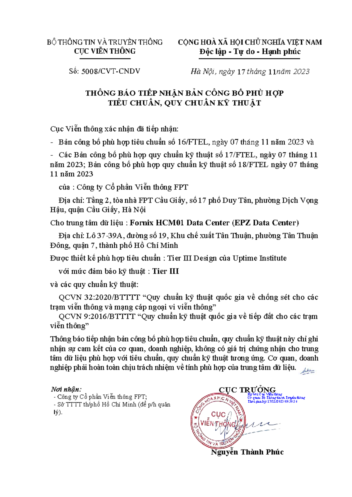 Thông Báo Tiếp Nhận Bản Công Bố Tiêu Chuẩn Fornix HCM01 - Studocu