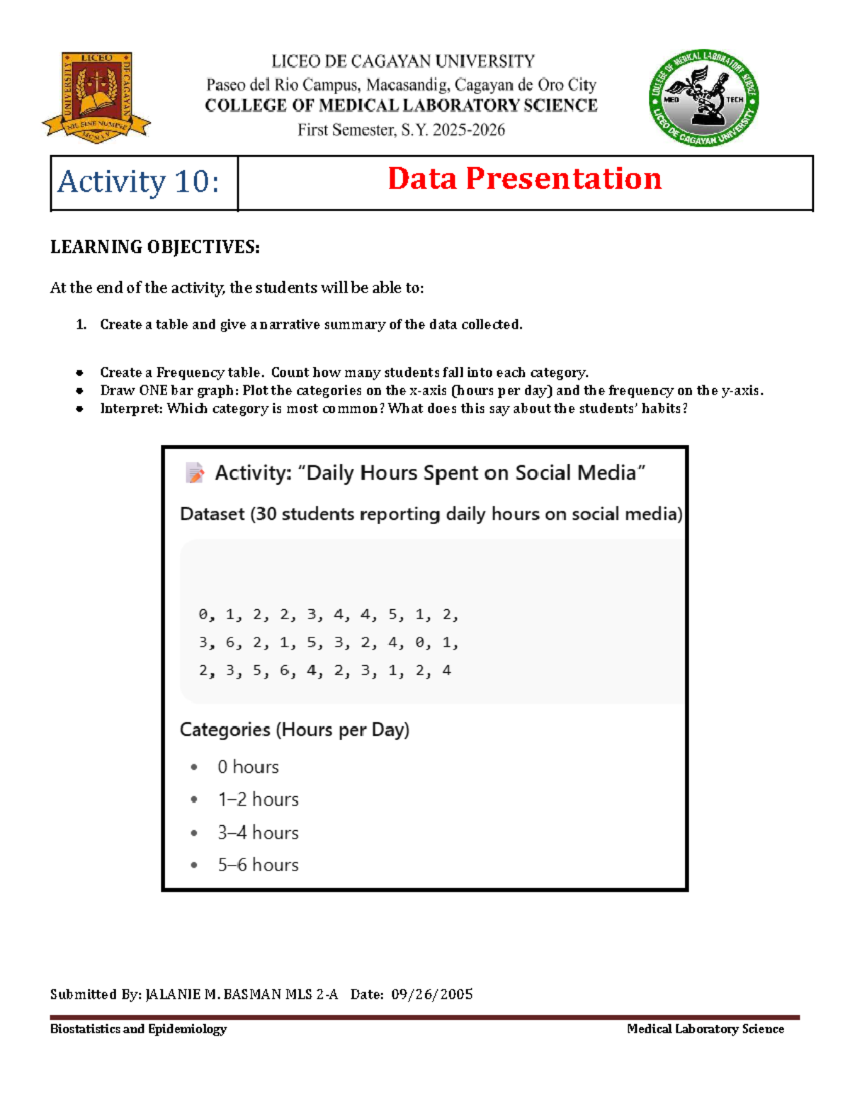 Biostatistics Activity 10: Data Presentation & Analysis - Studocu