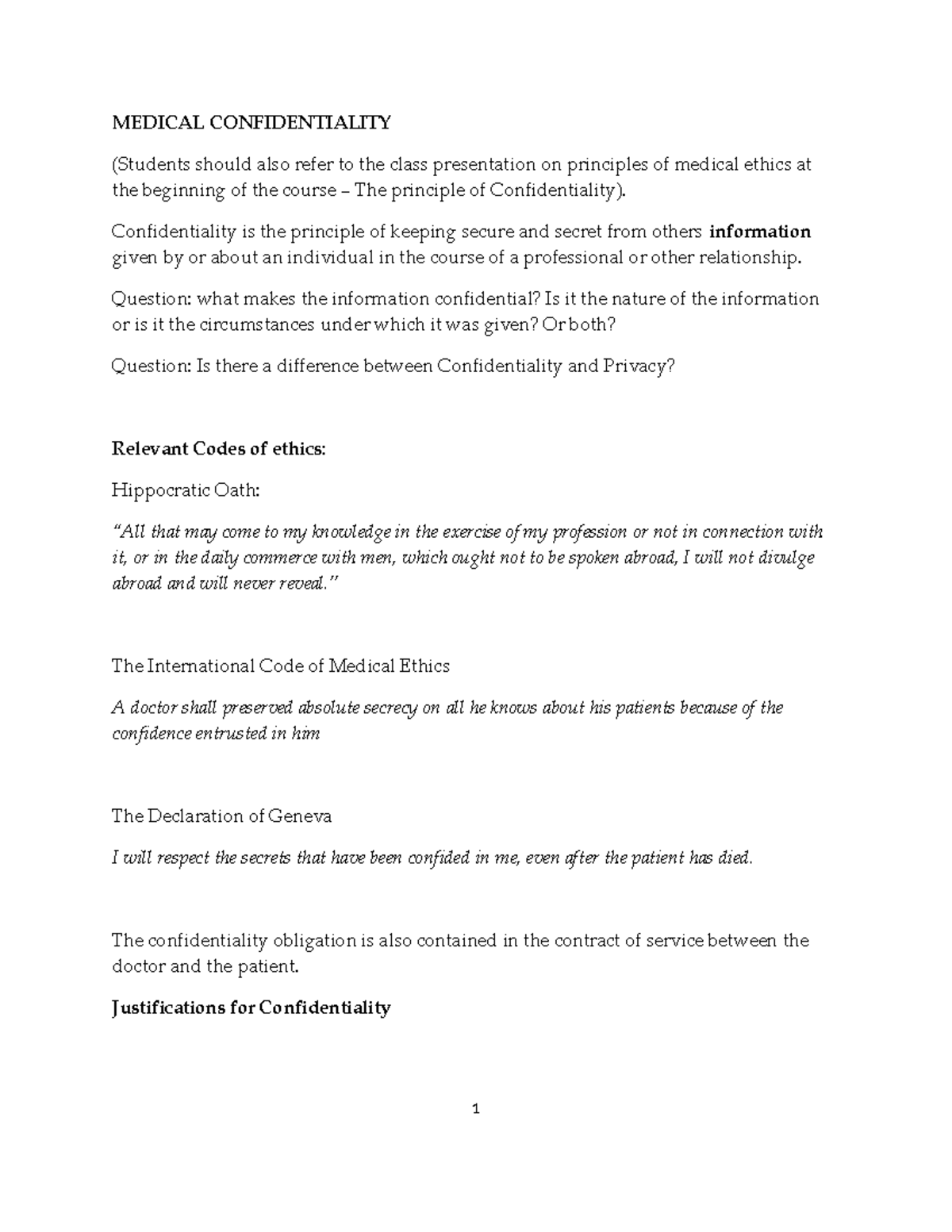 MEDICAL ETHICS: CONFIDENTIALITY PRINCIPLES (Year 4 Notes) - Studocu